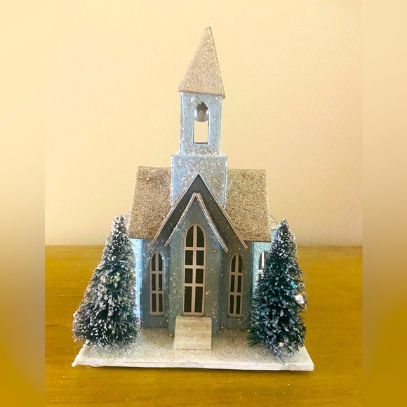 Holiday | Traditional Christmas Putz Church With Blue Silver And ...